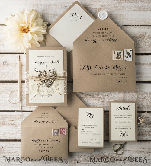 Rustic Wedding invitations with Vintage Lace and Woden Heart Craft ...