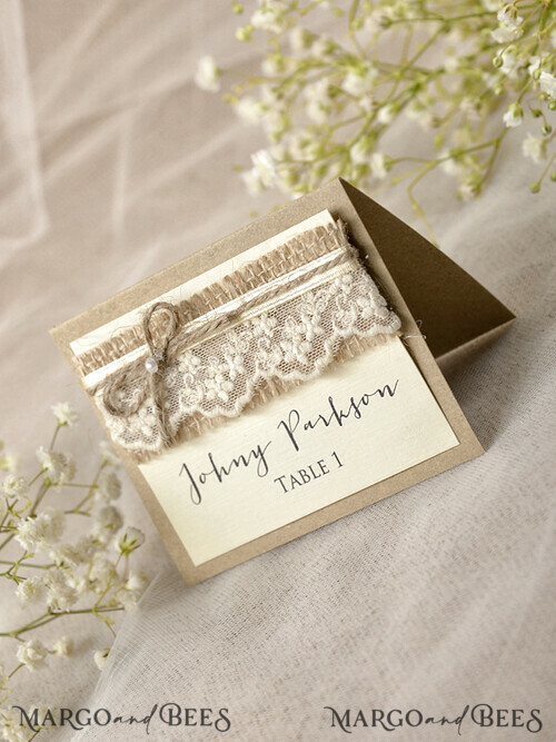Ecru Eco Wedding Place Cards, Rustic Place Cards, Lace and Burlap Twine ...