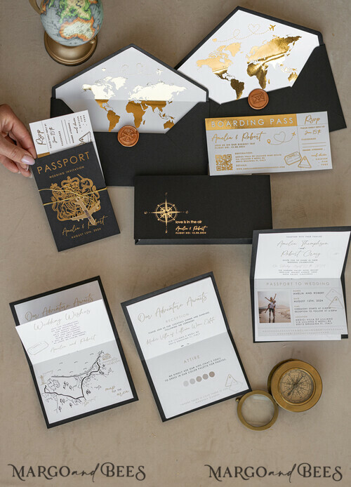Gold White Black Passport Wedding Invitation, Golden Wedding Cards ...