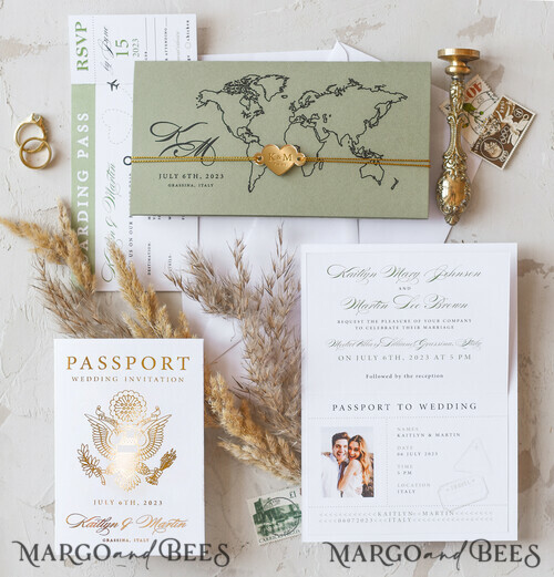 White Gold Passport Wedding Invitation, Golden Plane Wedding Cards ...