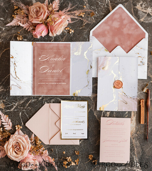 Marble Acrylic wedding invitations card, Glamour Blush Pink Velvet ...