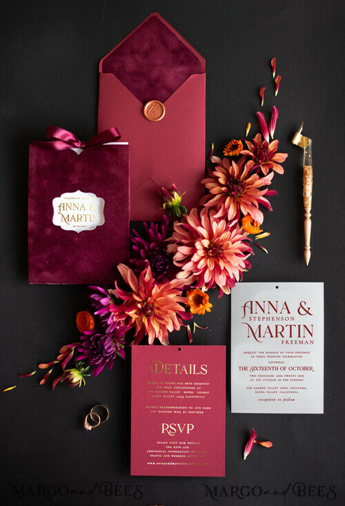 Romantic Red Velvet Wedding Invitations, Luxury Gold Foil Wedding Cards ...