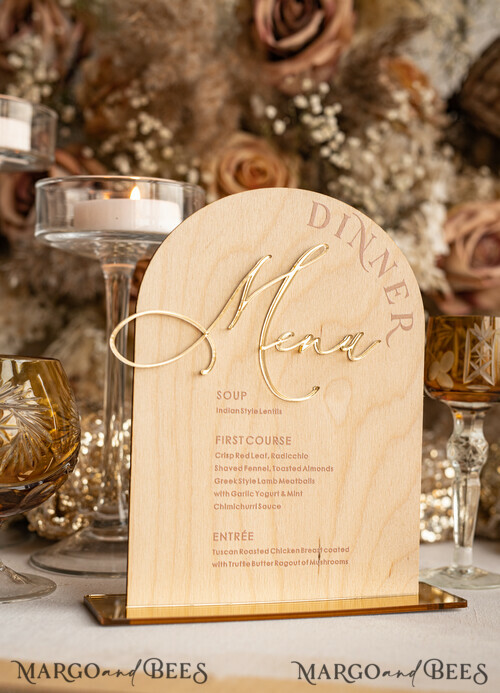 Rustic Wooden Arch Dinner menu, Wood & Acrylic gold Table Sign, Gold ...