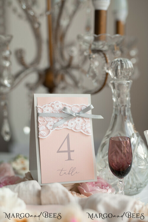 Romantic Wedding Table Numbers with Grey Ribbon, Rustic Vintage Lace ...