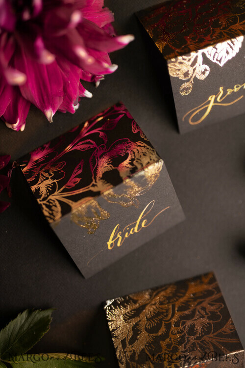 Luxury Modern Black Place Cards, Elegant Marsala Place Card with Gold ...