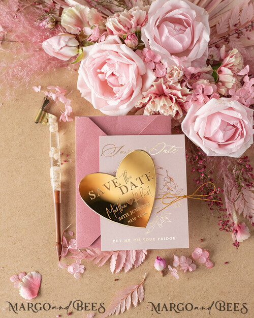 Personalised Save the Date Heart Magnet and Card, Gold Elegant Wedding ...