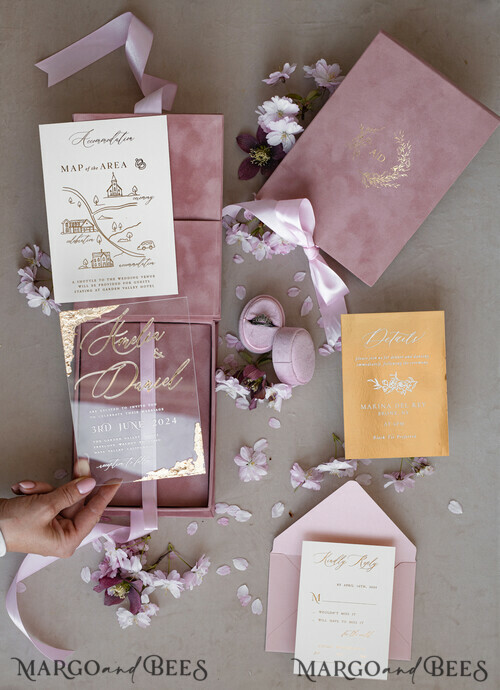 Blush Pink Boxed Wedding Invitation set ,3D Golden Plexi Wedding ...