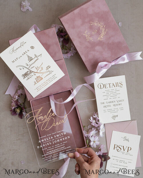 Blush Pink Boxed Wedding Invitation set ,3D Golden Plexi Wedding ...