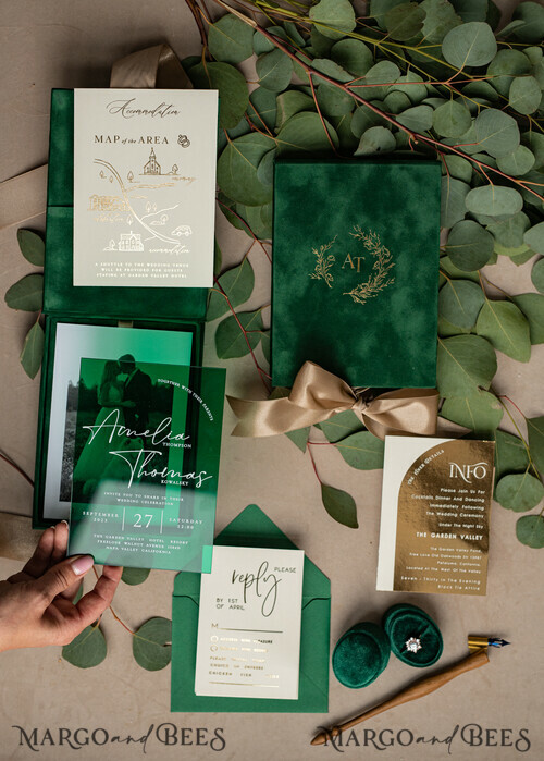 Emerald green Velvet Boxed Wedding Invitation Box, Clear Green Plexi ...