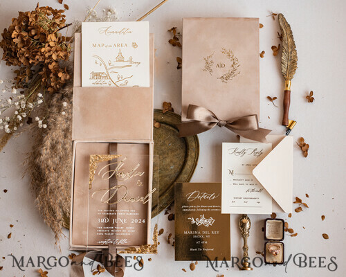 Luxury Gold Foil Wedding Invitation Box, Acrylic invitation in Velvet ...