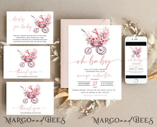 Floral Stroller Baby Girl Shower Invitation Template Set Oh baby Diapper Raffle Books Arch ...