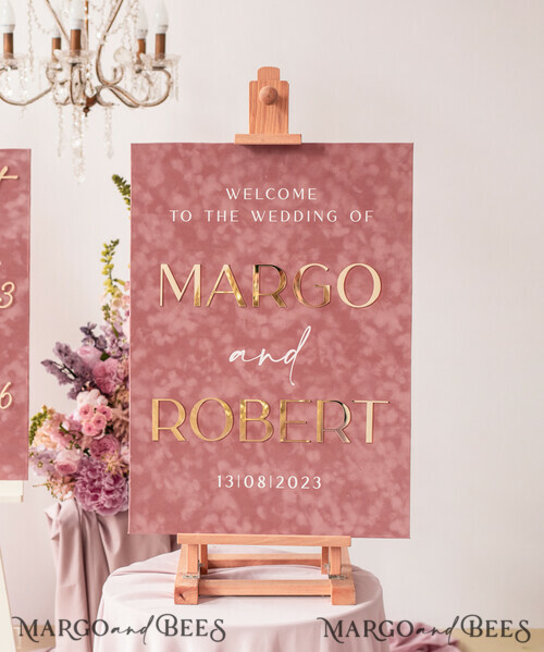 Luxury Velvet blush pink Wedding Welcome Sign, Golden Wedding Decor ...