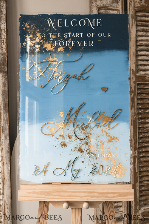 Acrylic dusty blue & Gold Wedding Welcome Sign, Painted Acrylic & gold ...