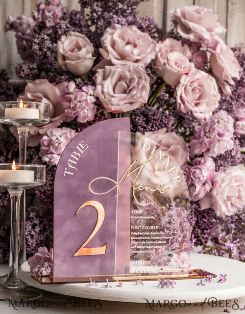Mauve Acrylic Arched Table Numbers & Menu Set, Clear Acrylic & Dusty ...