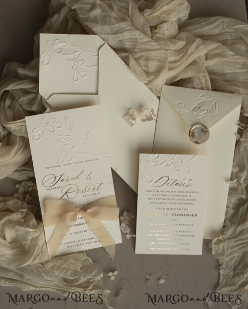 Bespoke Embossed Blind Ivory Gold Wedding Invitation, Golden Ecru ...