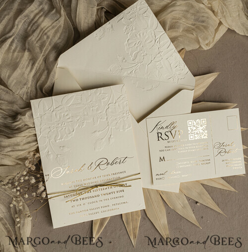 Fine Art Embossed Blind Ivory Gold Wedding Invitation, Golden deboss ...