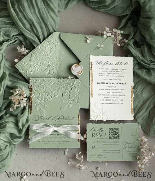 Bespoke Embossed Blind Sage green Gold Wedding Invitation, Golden ...