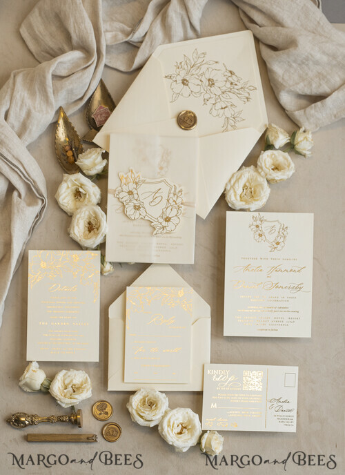 Vintage Floral Crest Monogram Blush Wedding Invitation with chiffon ...