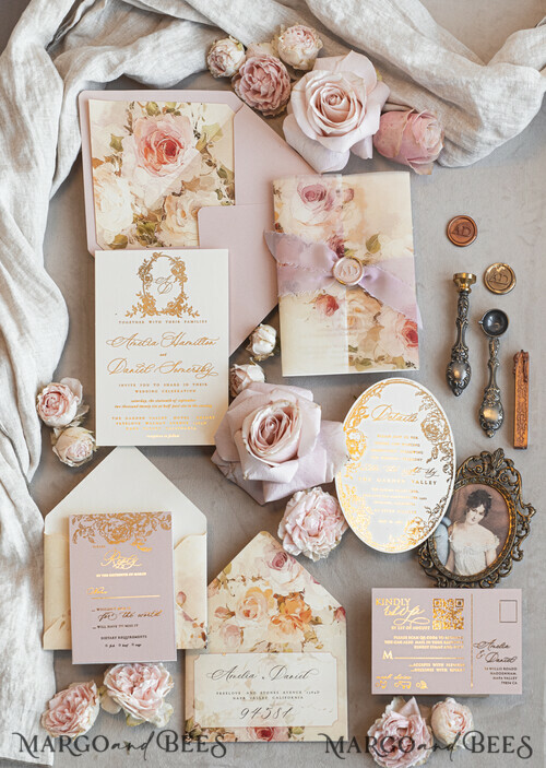 Vintage Baroque Wedding Invitation suite Beige Golden Fine art Roses ...