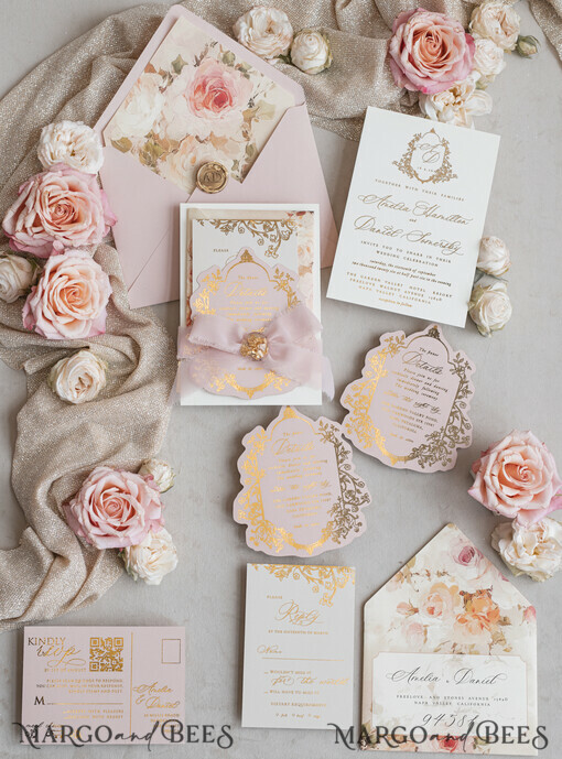 Vintage Baroque Wedding Invitation suite Beige Golden Fine art Roses ...