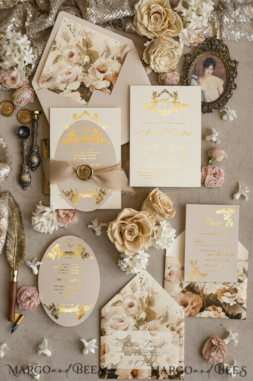 Vintage Baroque Wedding Invitation suite Beige Golden Fine art Roses ...